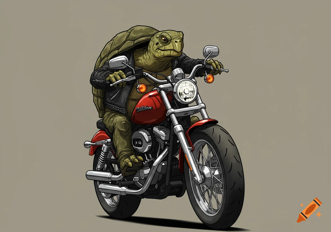 Cartoon illustration of a turtle riding a red motorcycle. on Craiyon