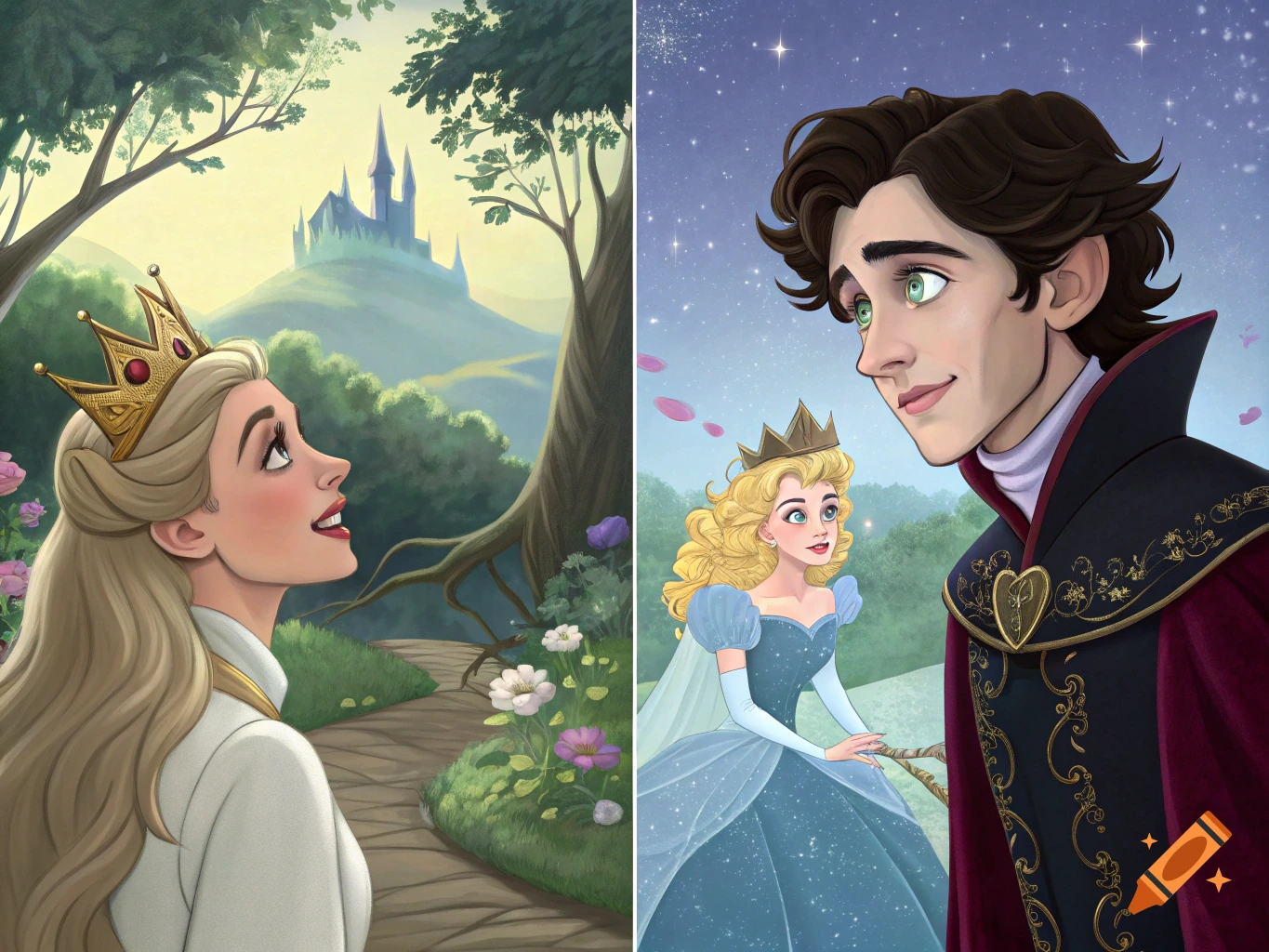 Animated diptych of a princess looking at a castle and a prince looking ...