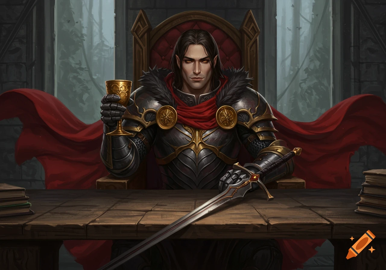 A fantasy lord in dark armor and red cloak sits at a table holding a ...