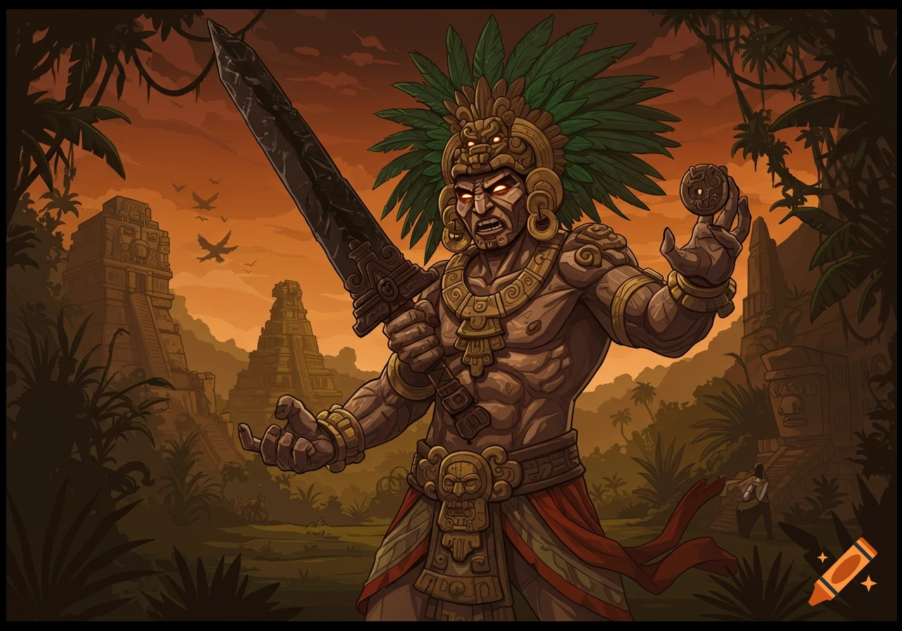Illustration of an Aztec warrior holding a sword and object in a jungle ...