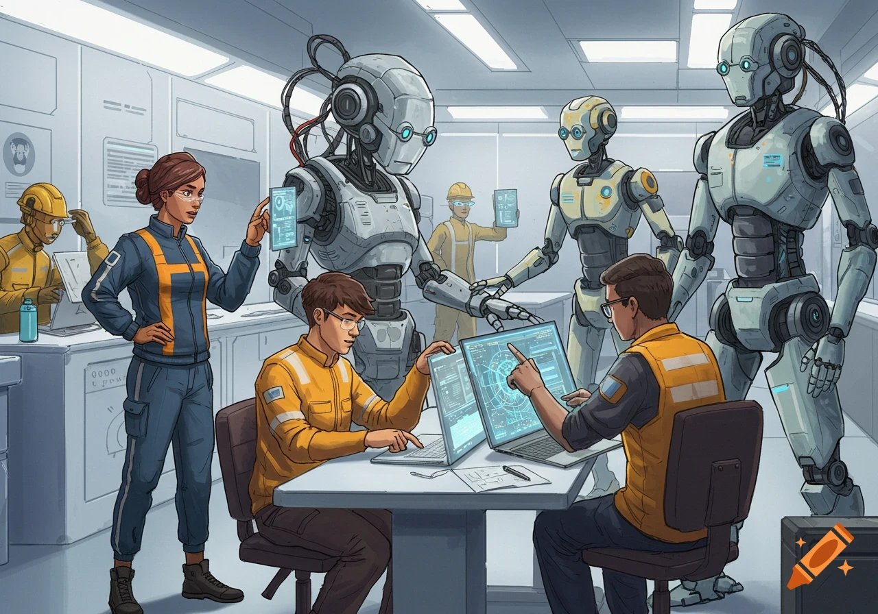 Illustration of humans and robots working together in a lab, looking at ...