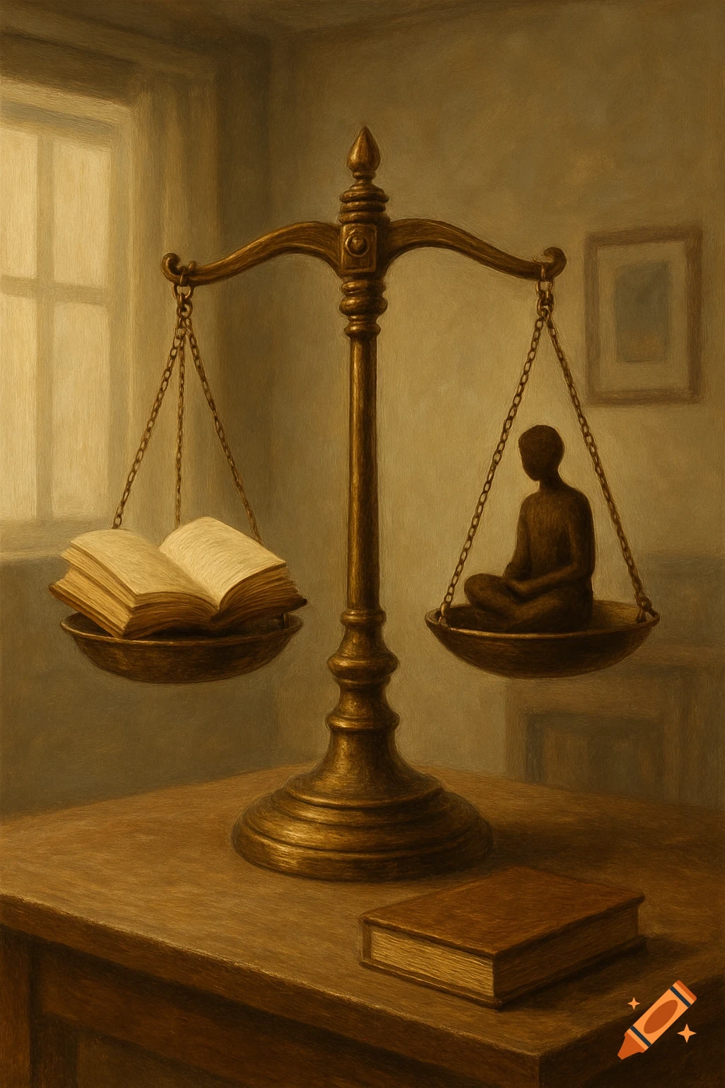 A pair of scales balancing a seated person and an open book on a table ...