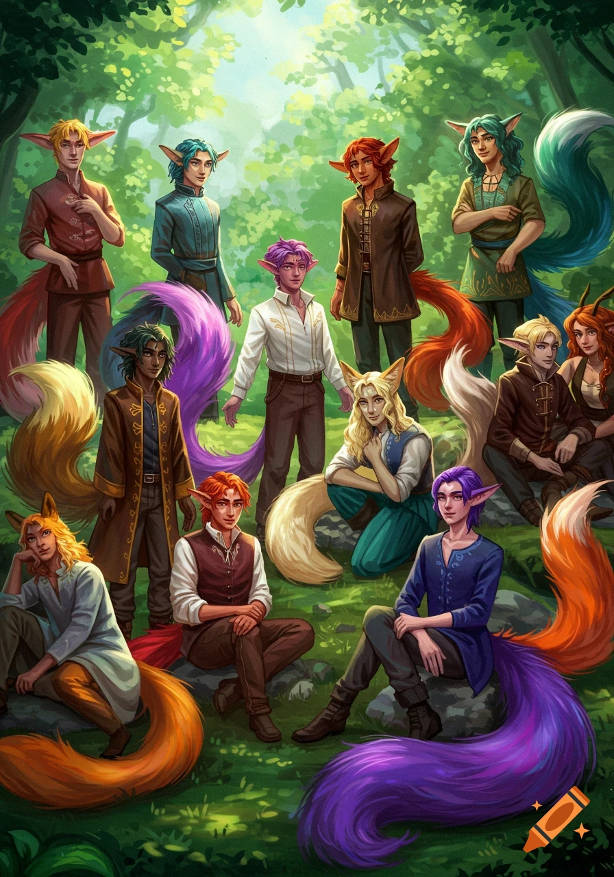 A group of diverse fantasy characters with fox ears and colorful tails ...