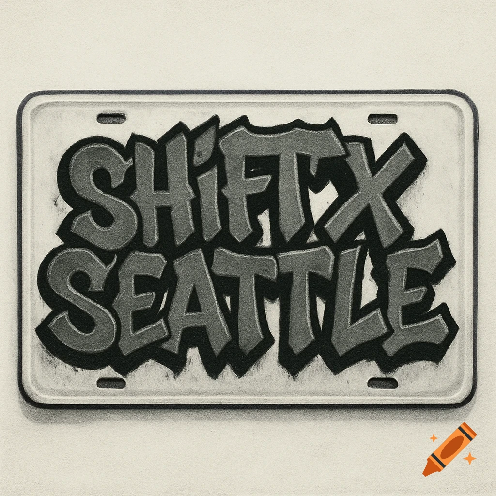 License plate with SHIFTXSEATTLE in graffiti style on Craiyon
