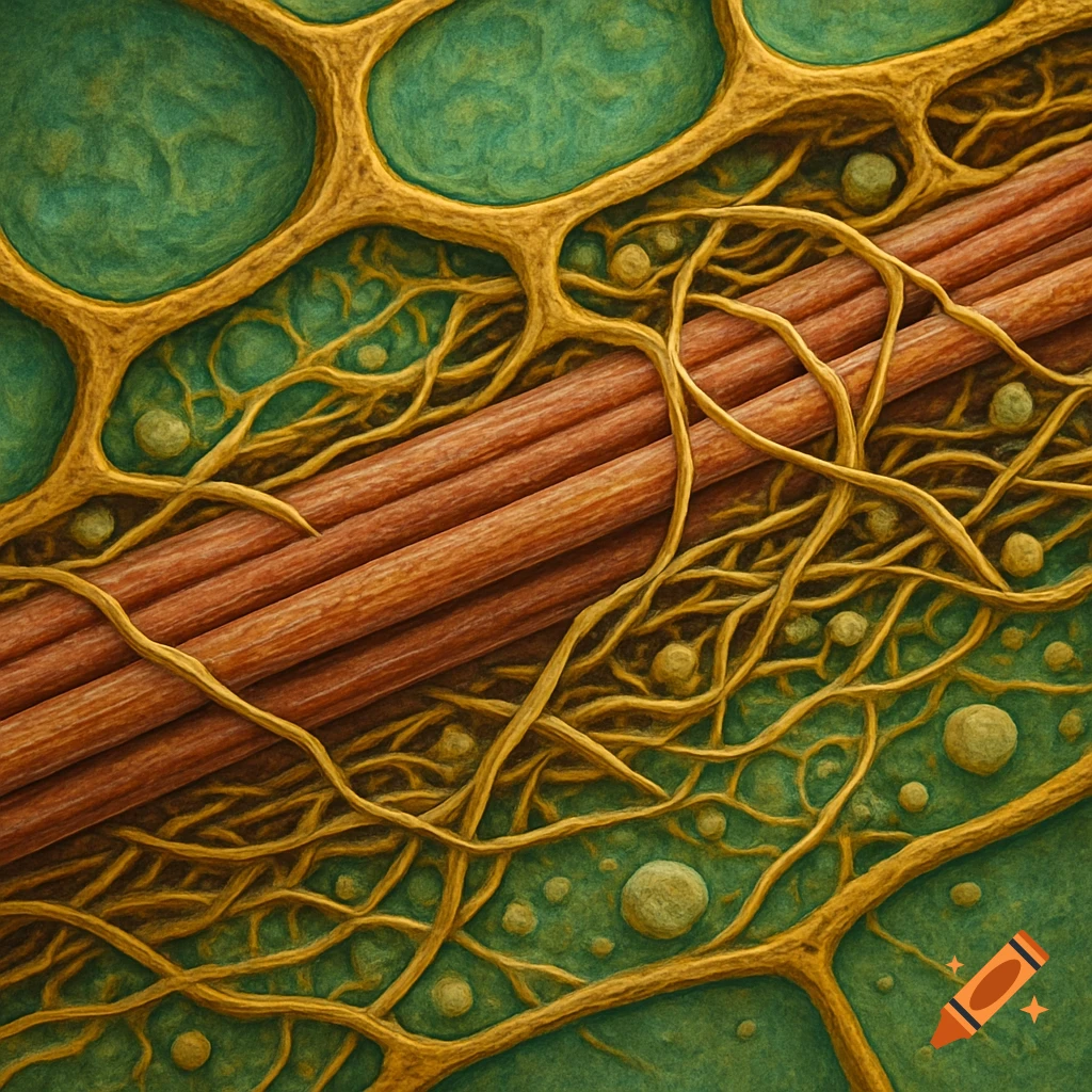 A close-up abstract view resembling a cell wall with red tubes, yellow ...