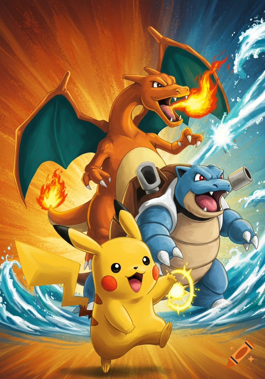 Pikachu, Charizard, and Blastoise in dynamic illustration with fire and water effects. on Craiyon