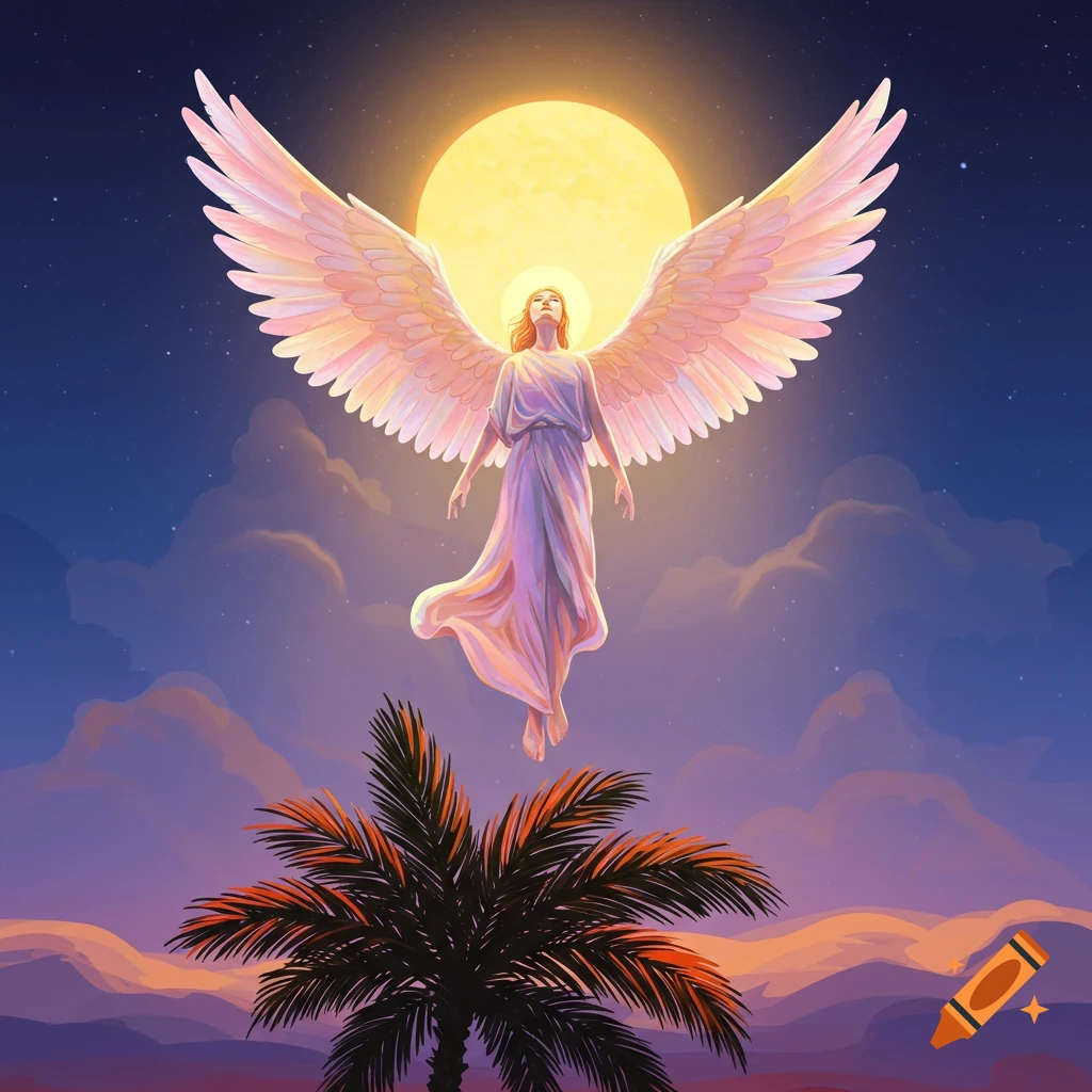 Stylized illustration of an angel with large wings flying towards a ...