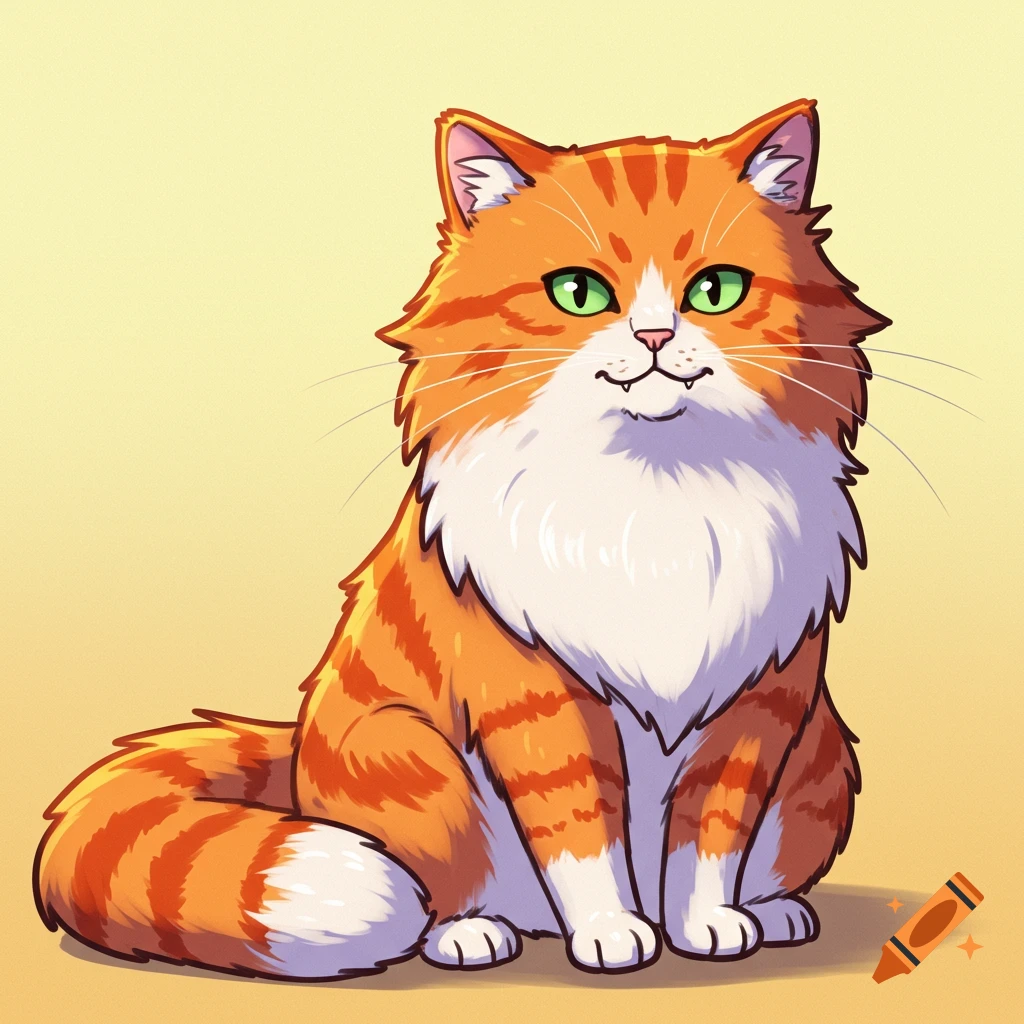 A cartoon illustration of a fluffy orange tabby cat sitting and ...