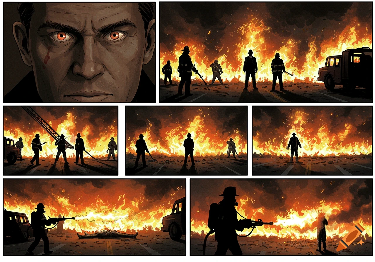 A multi-panel comic strip showing firefighters fighting a large fire ...