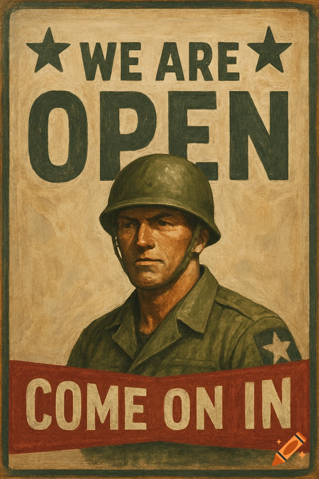 Military themed sign featuring a soldier and text that reads 'WE ARE ...