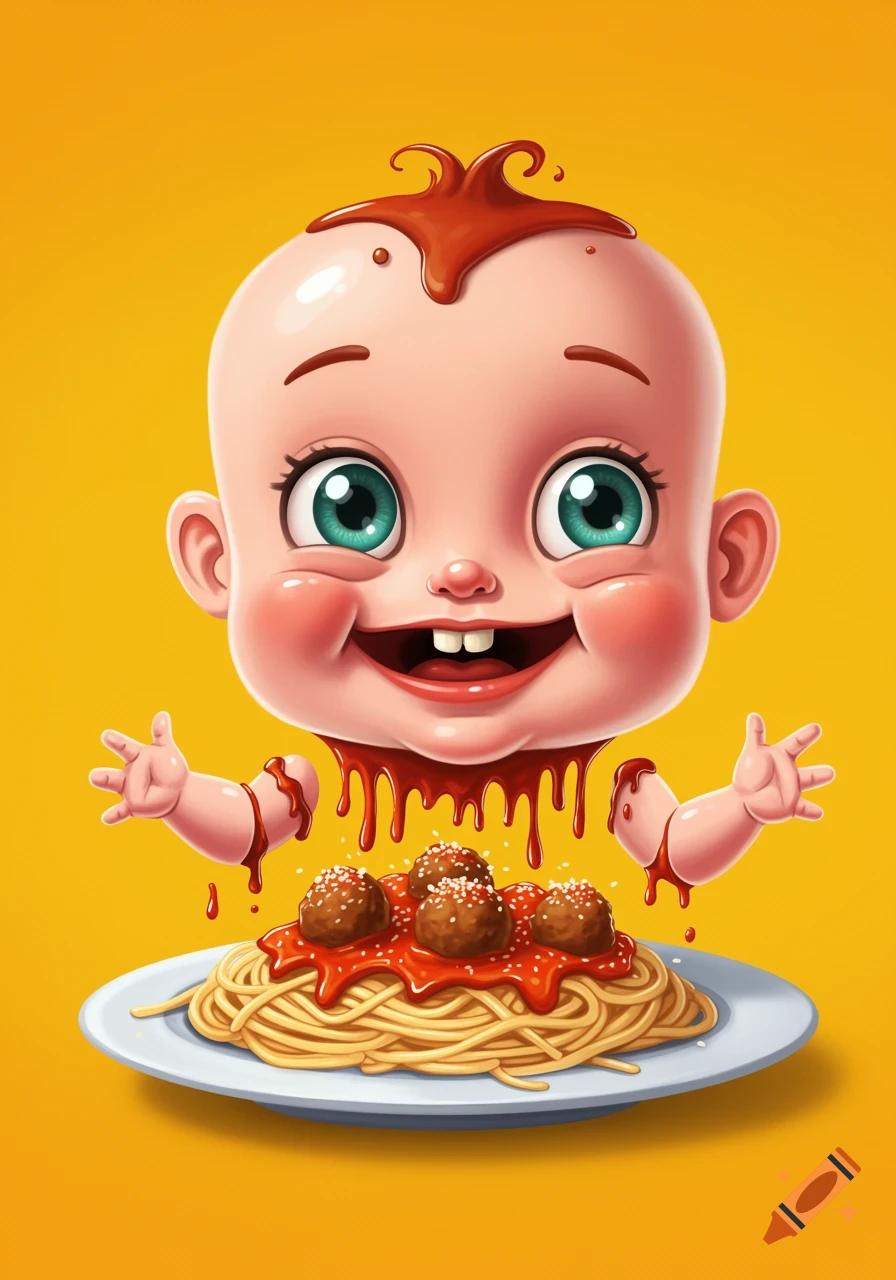 Cartoon baby head and arms dripping red sauce onto a plate of spaghetti ...