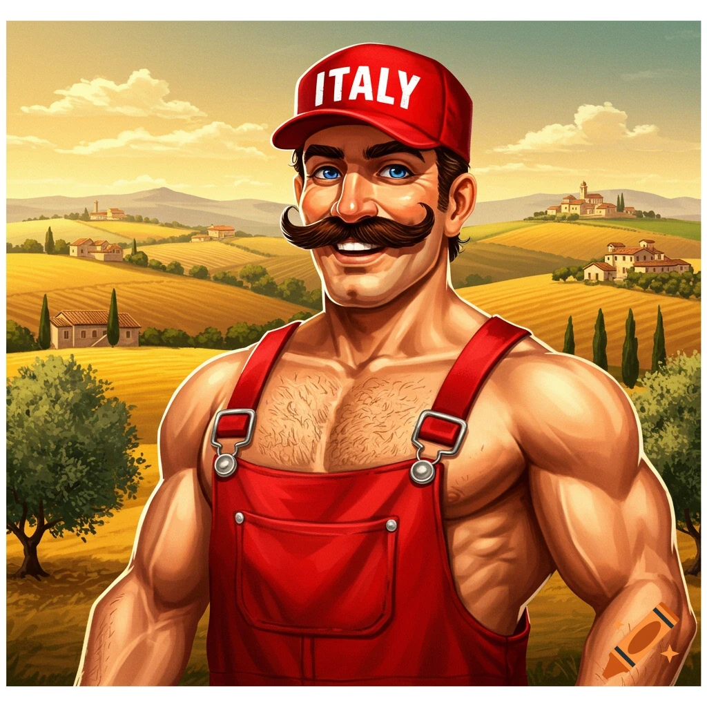 Illustration of a muscular man in red overalls and ITALY hat in an ...