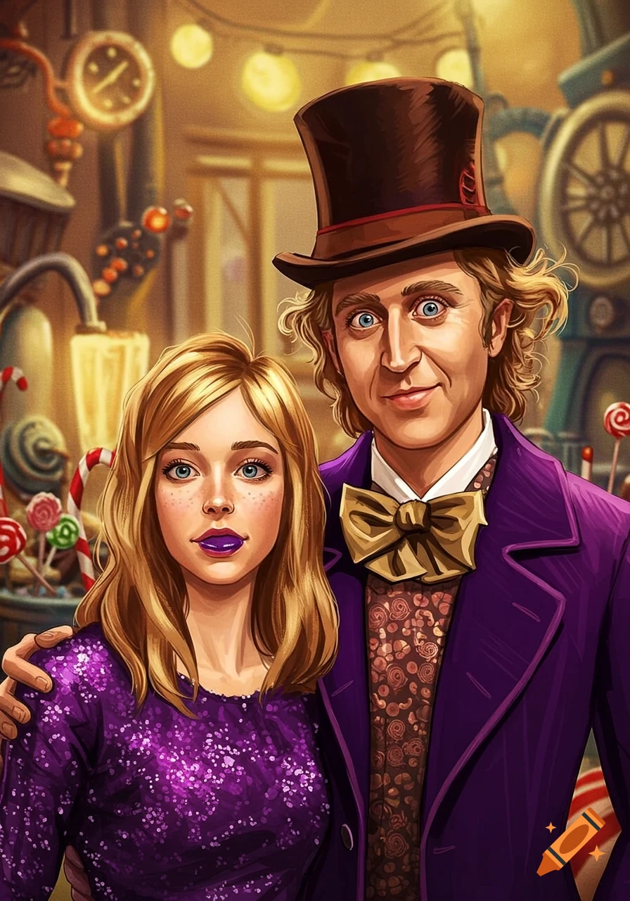 Willy Wonka and Violet Beauregarde in a candy factory setting, illustration style. on Craiyon