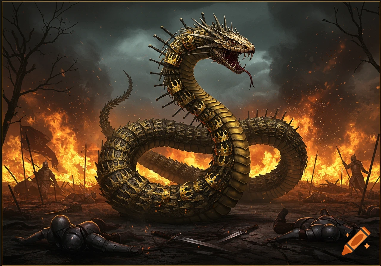 A giant snake made of gold crowns and daggers on a burning battlefield ...