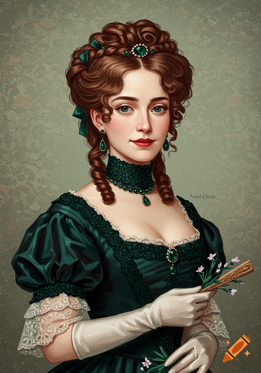 Portrait of a woman in 1800s green dress, elegant hairstyle, jewelry ...