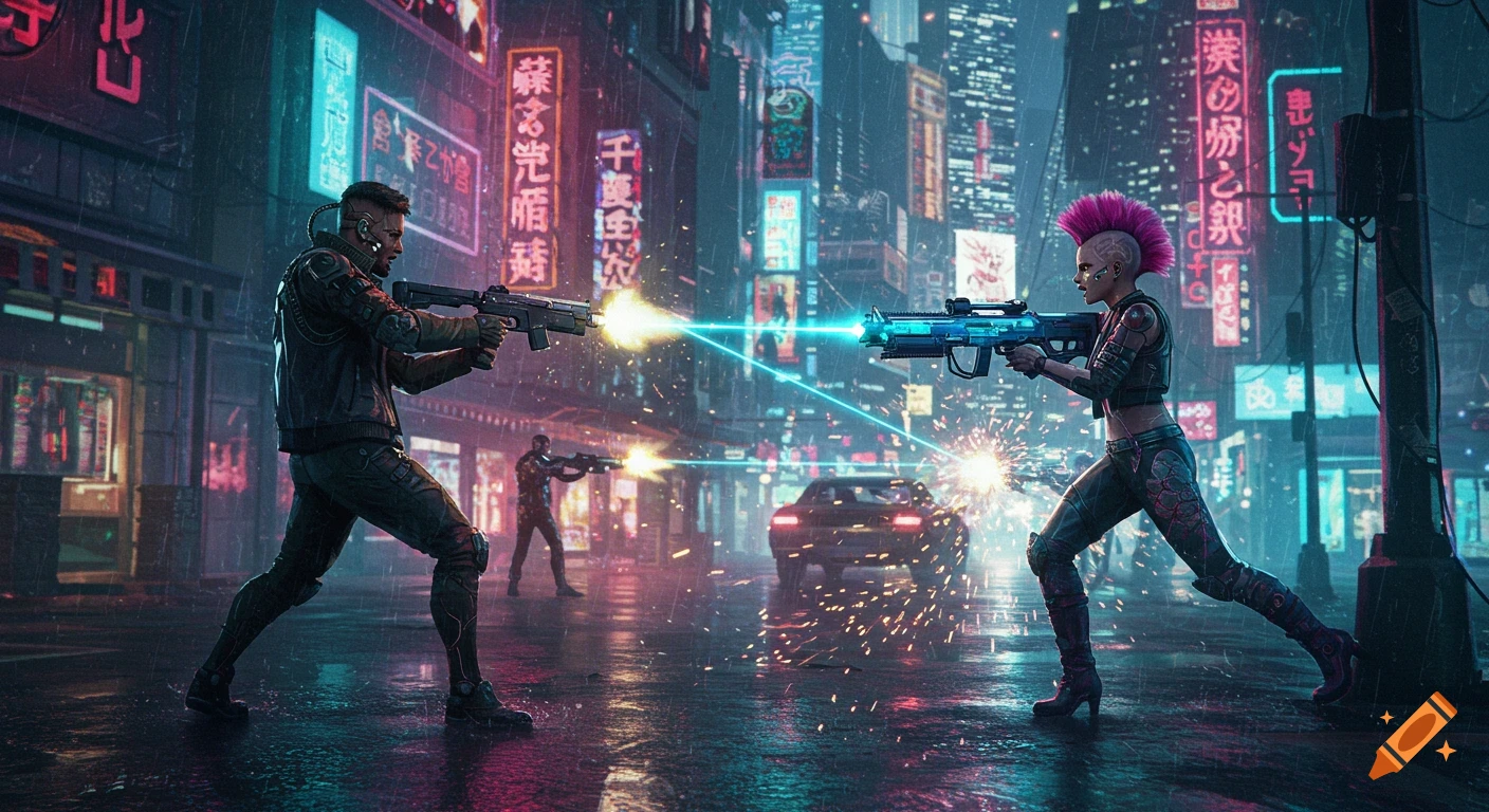 Two figures battle with laser guns in a rainy, neon cyberpunk city ...