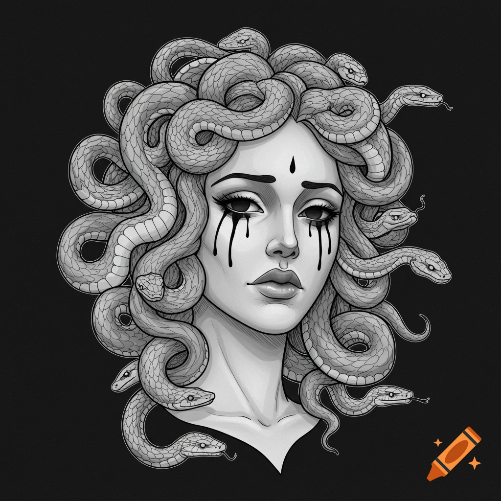 Fineline illustration of Medusa's head with snakes for hair and black ...