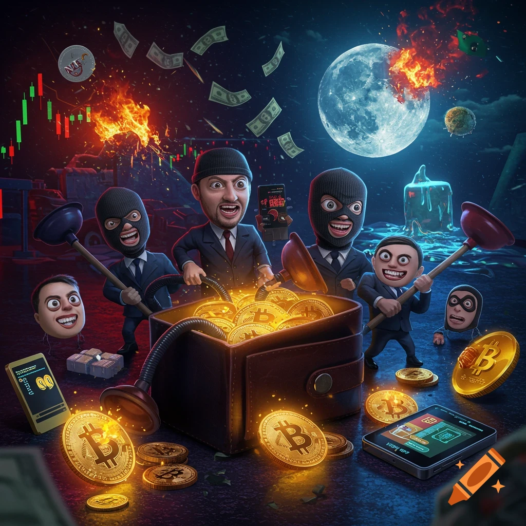 Cartoonish figures, some in masks, using plungers and hoses to steal ...