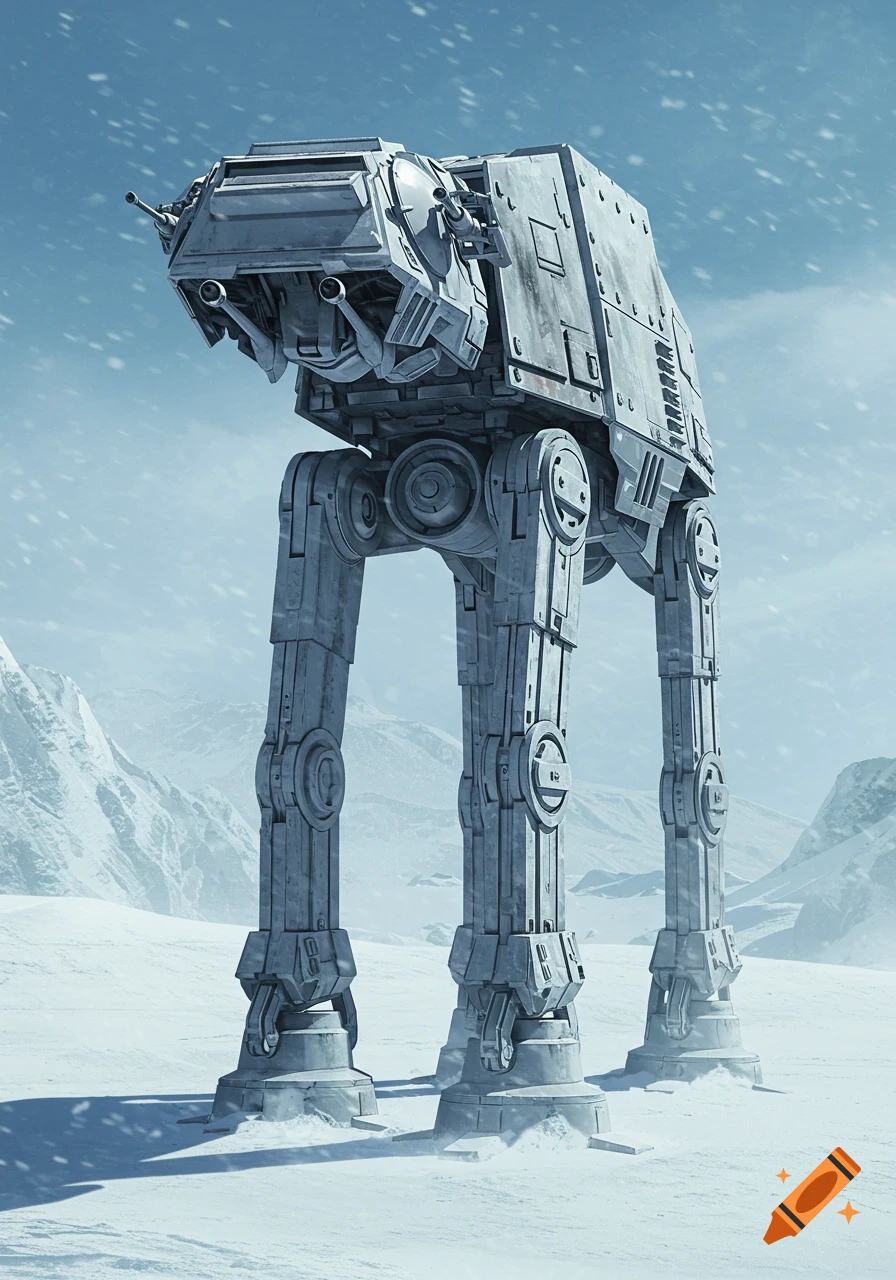 An AT-AT walker stands in a snowy mountain landscape on Craiyon