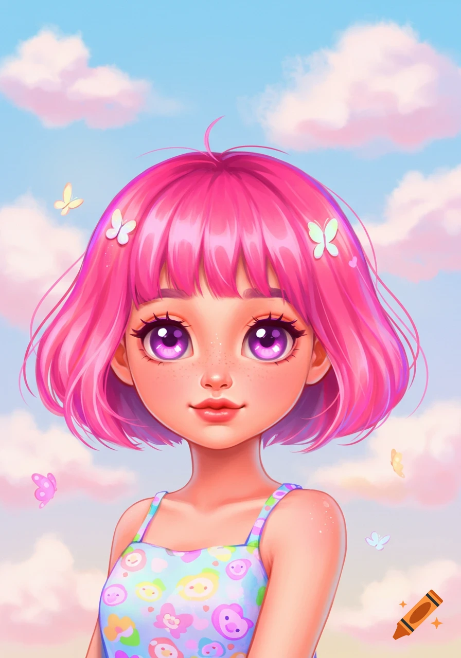 Illustration of a cute girl with pink hair and large eyes against a ...