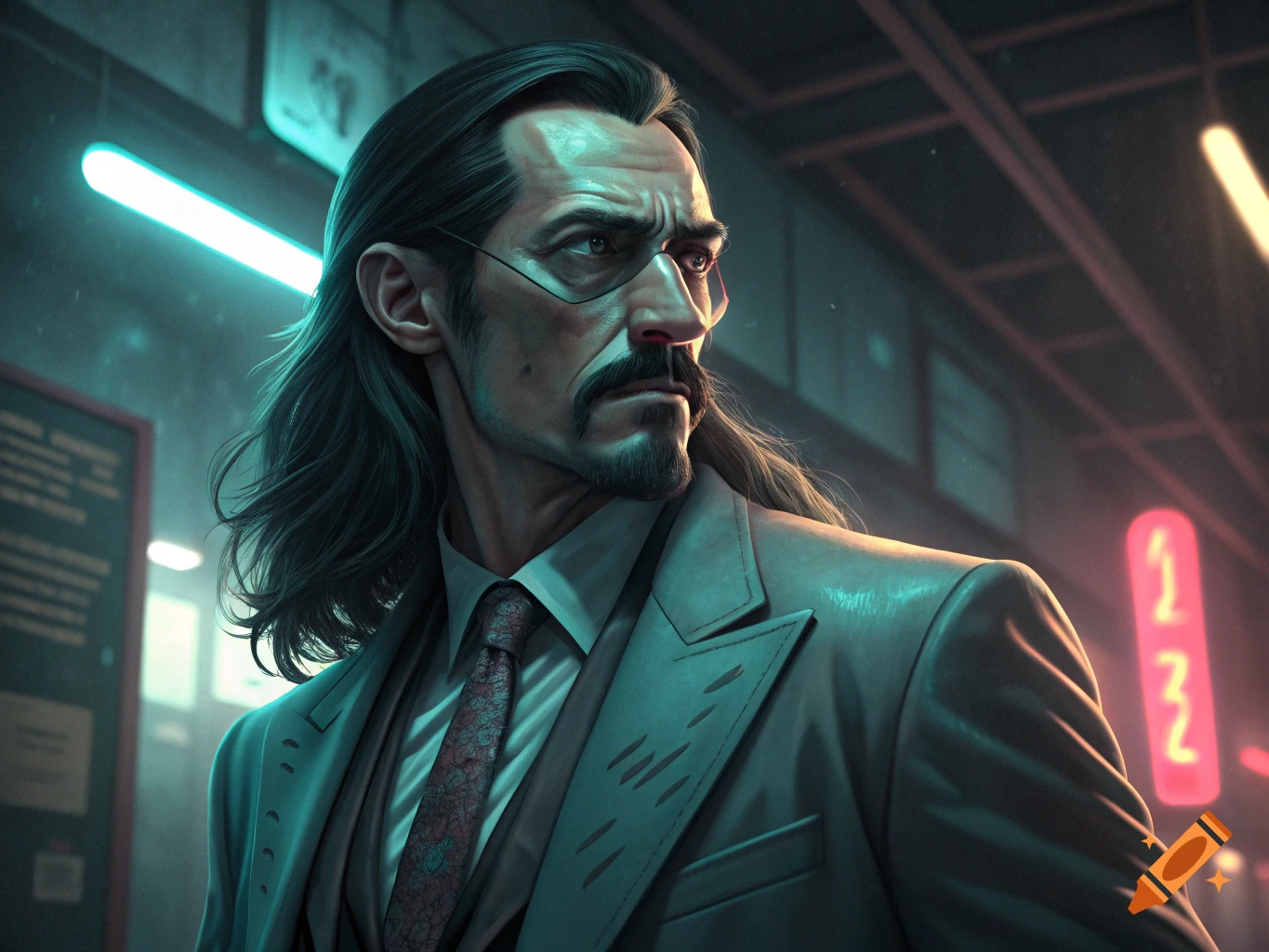 Portrait of a man resembling the Merovingian from The Matrix, with long ...