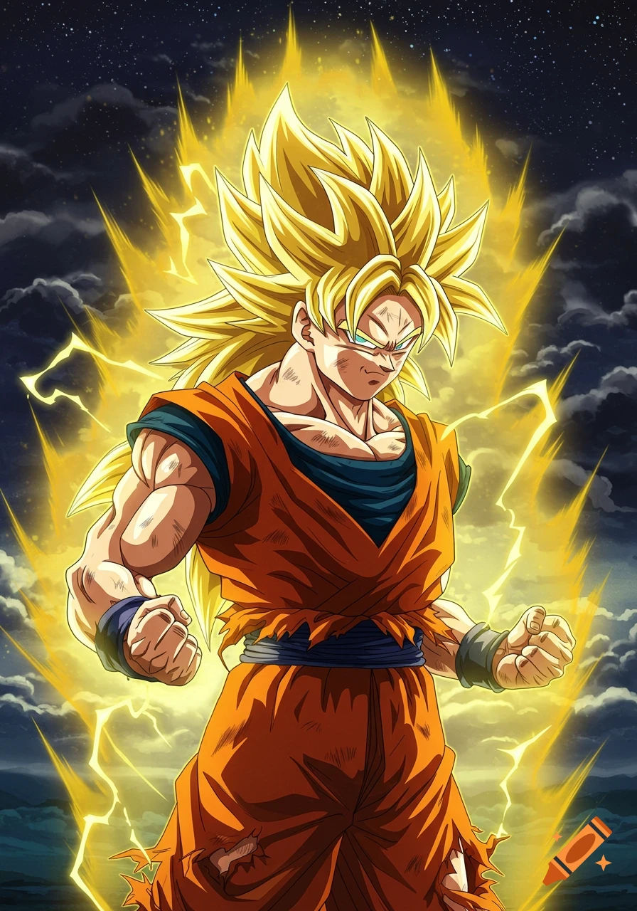 Anime illustration of Goku in Super Saiyan form, surrounded by energy ...