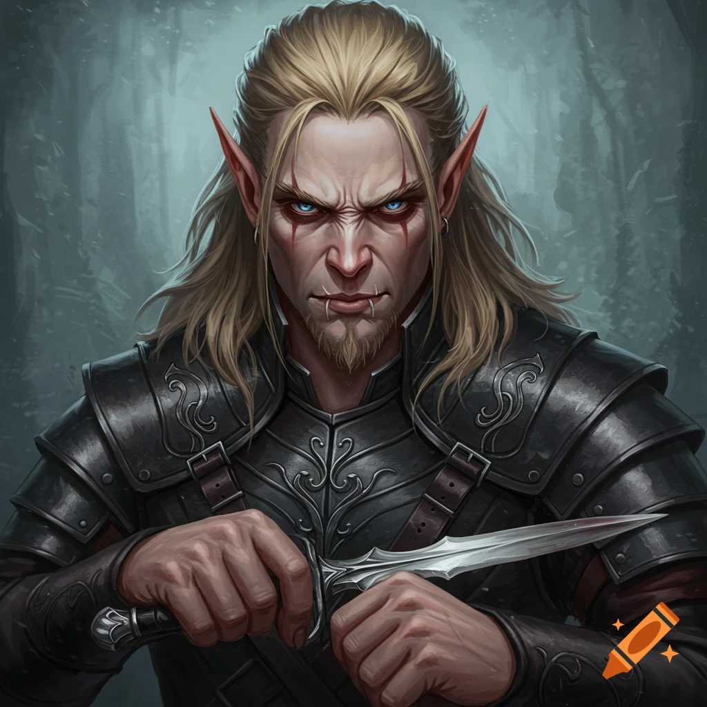 Portrait of an angry blonde elf in armor holding a dagger in a forest ...