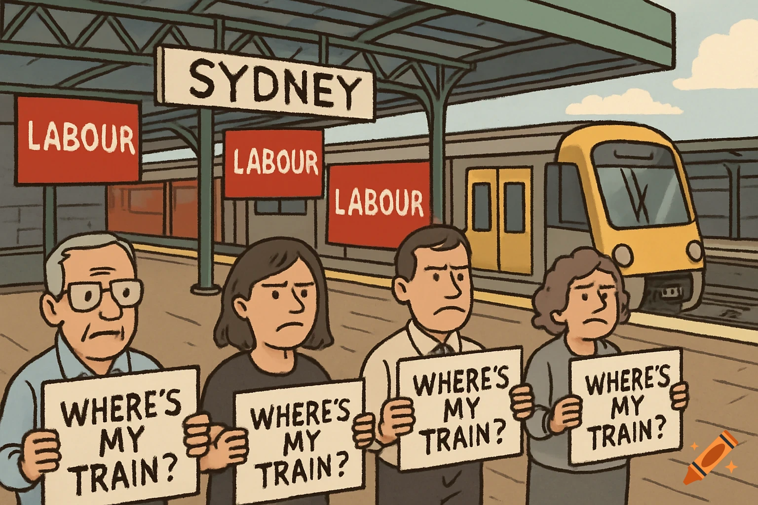 Cartoon of frustrated commuters at a Sydney station holding 'Where's my ...
