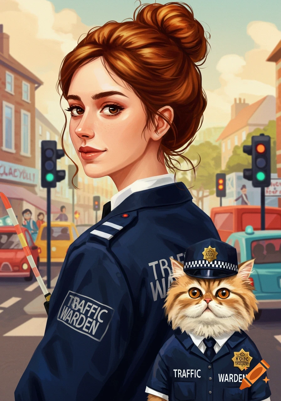 Stylized illustration of a woman and a cat dressed as traffic wardens ...