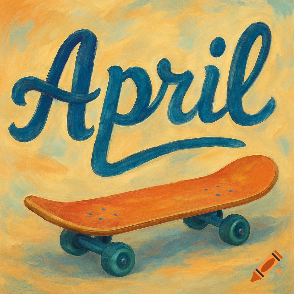 Blue script text "April" above an orange skateboard, painted ...