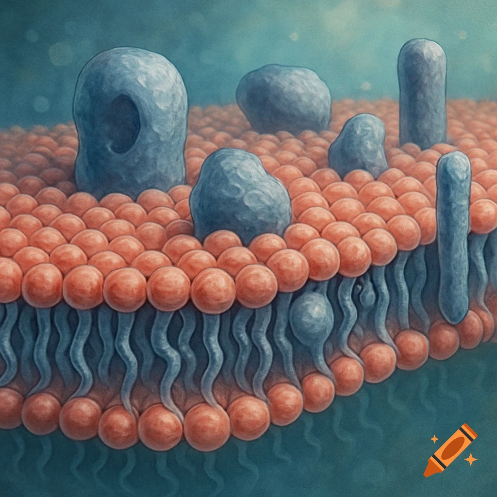 Illustration of a cell membrane with proteins embedded in the lipid ...