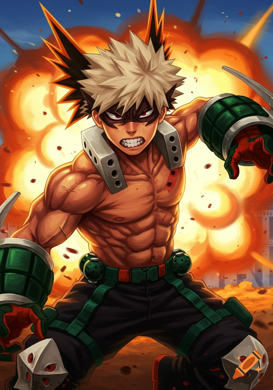 Anime illustration of Bakugo from My Hero Academia shirtless in an ...