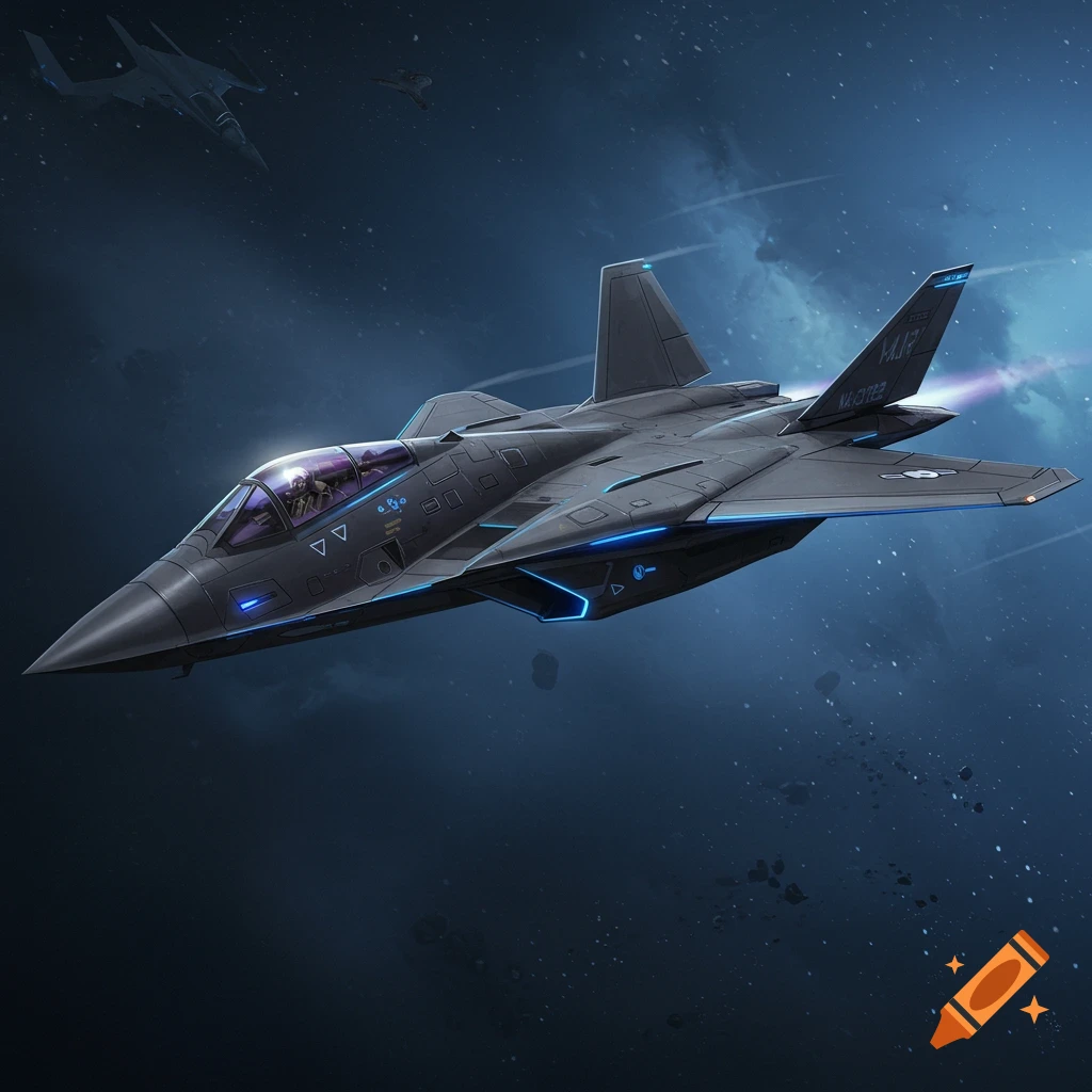 A futuristic dark grey stealth fighter jet flying through space with ...