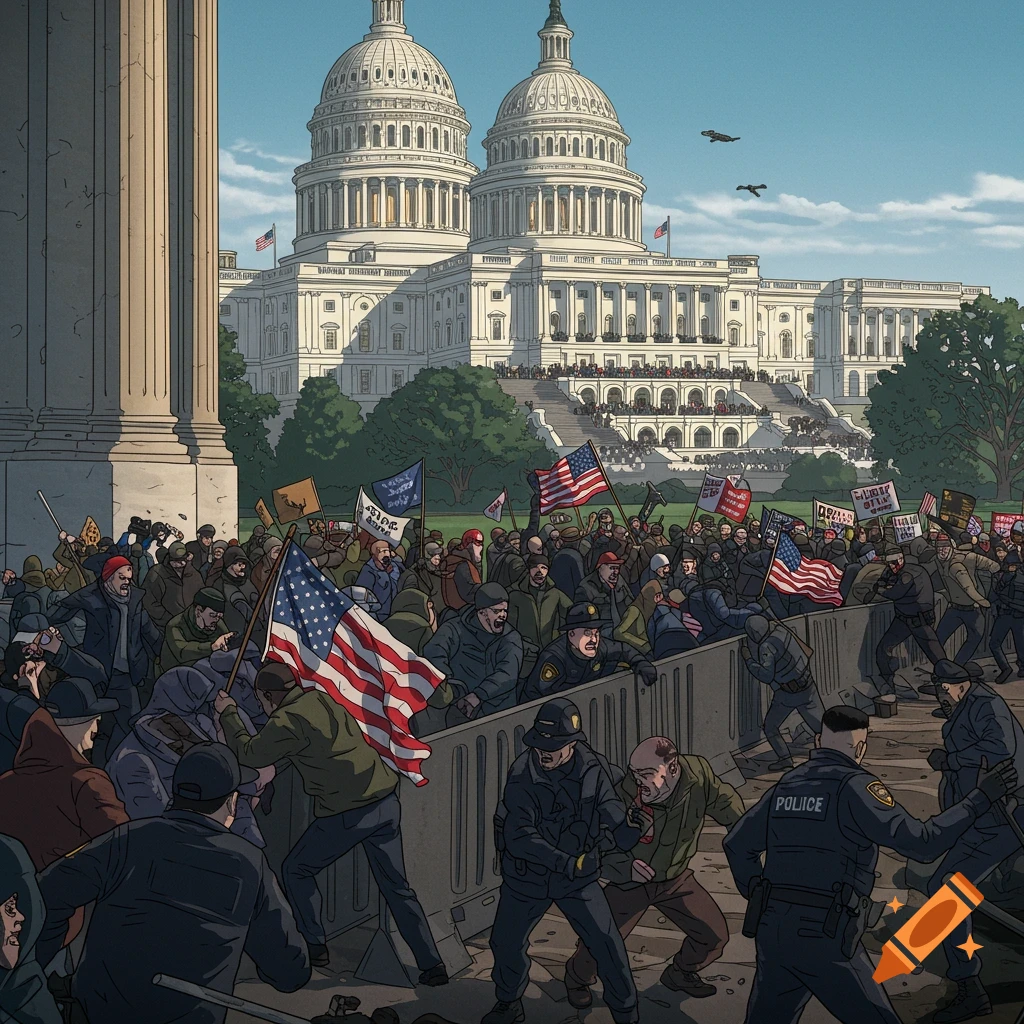 Animated illustration of a riot at the US Capitol with protesters and ...