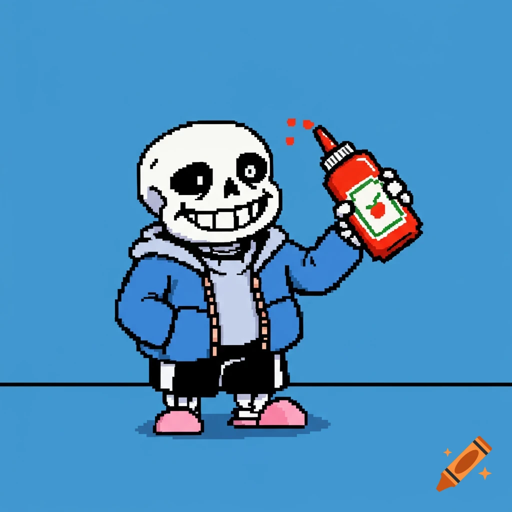 An 8bit pixel art image of Sans from Undertale holding a ketchup bottle ...