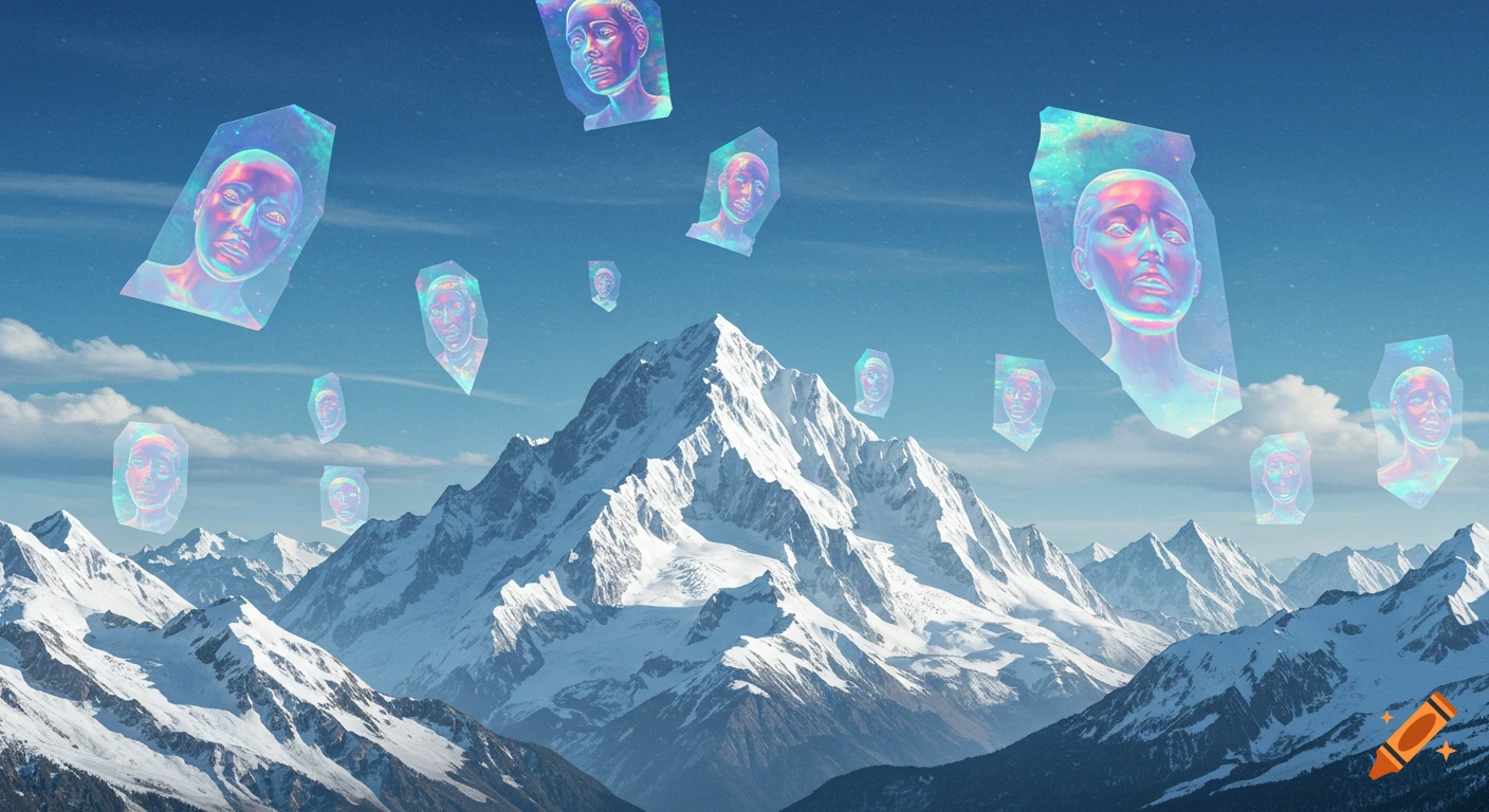 Holographic faces float in the sky above snowy mountains. on Craiyon