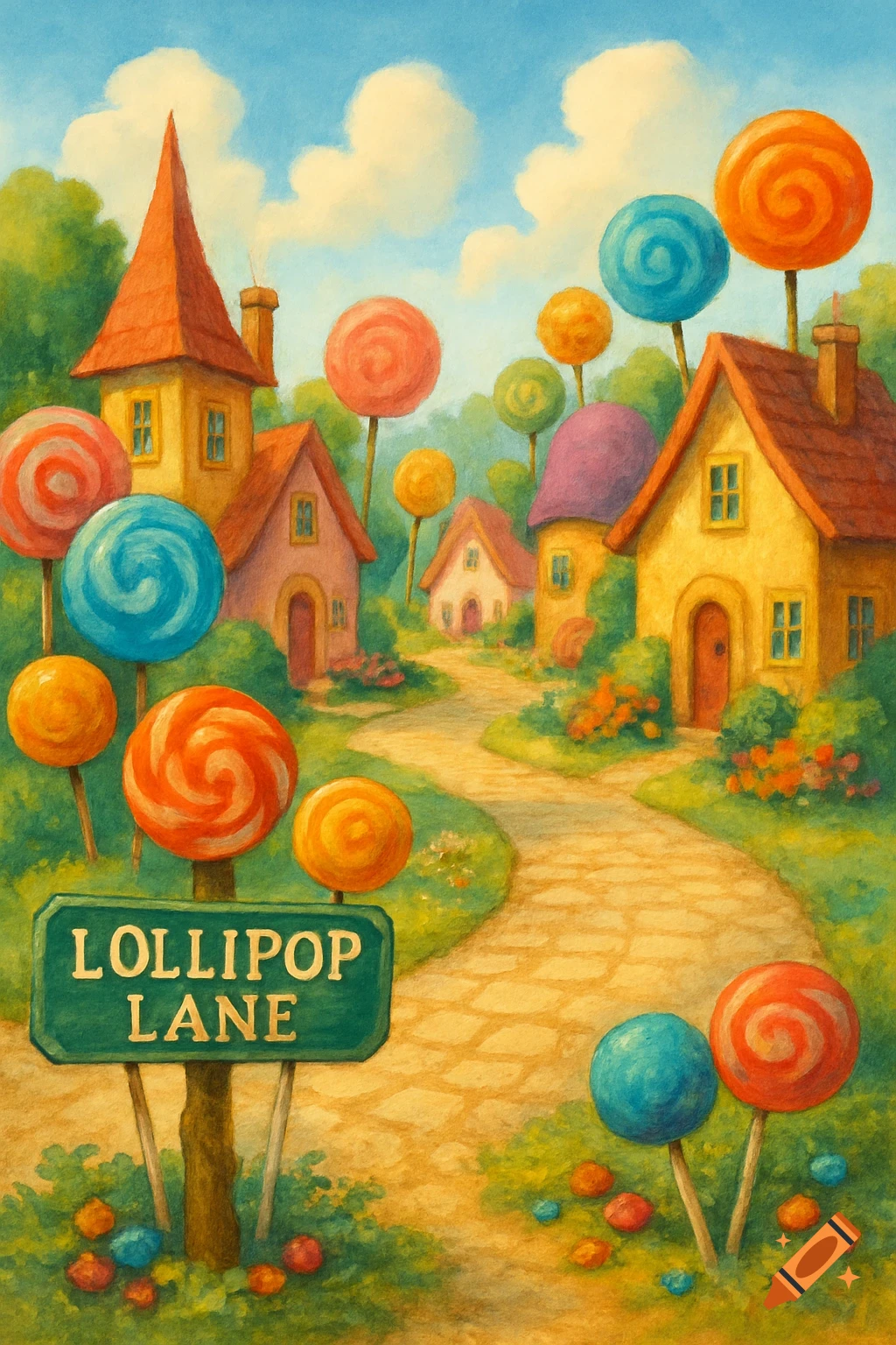 Watercolor fantasy landscape with houses, giant lollipops, and a sign ...