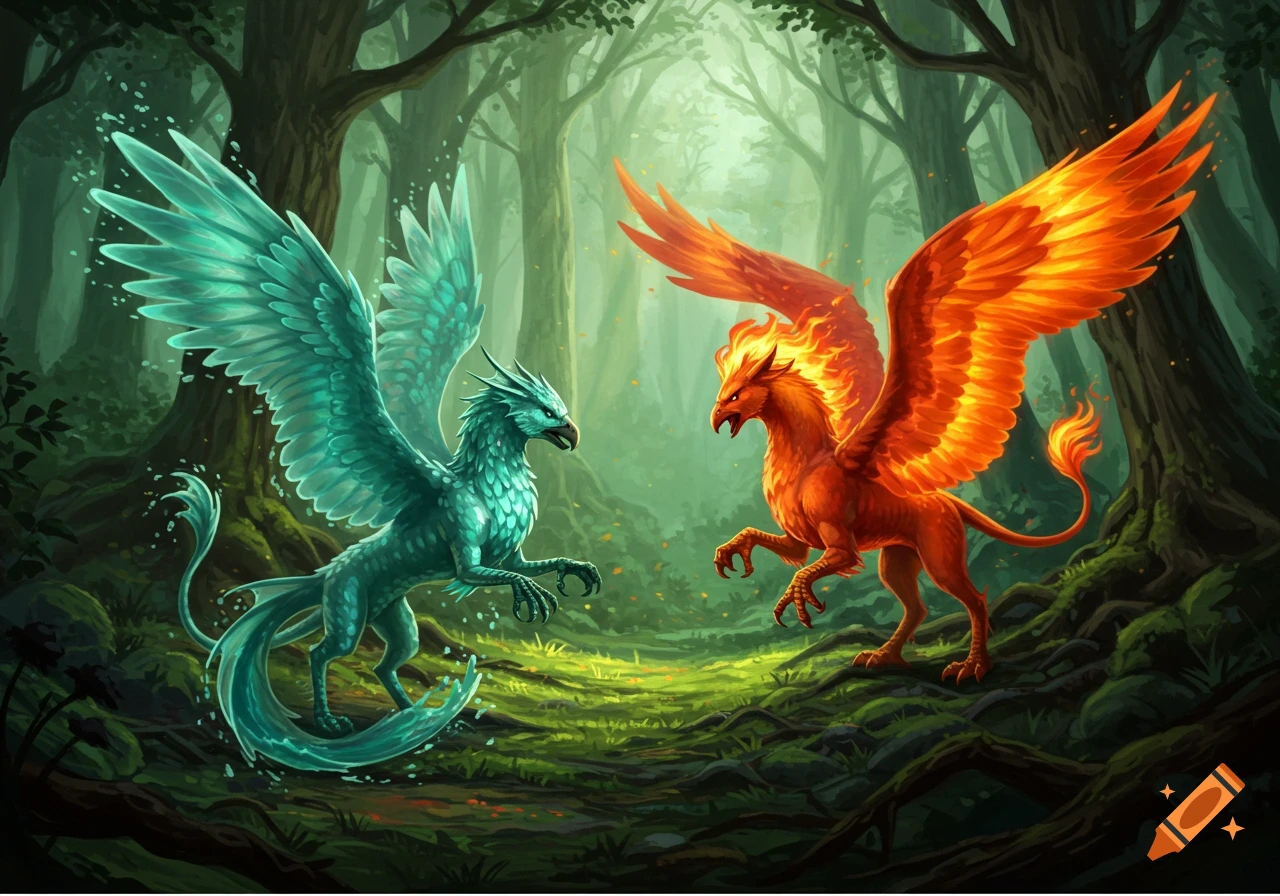 A turquoise water griffin and an orange fire griffin face each other in ...