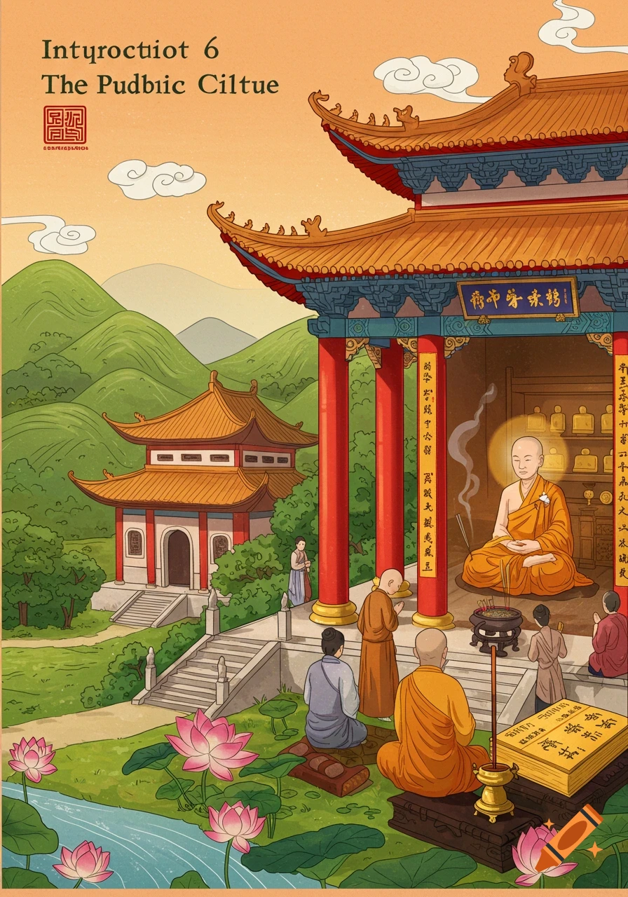 Illustration of a Buddhist temple scene with monks meditating and ...