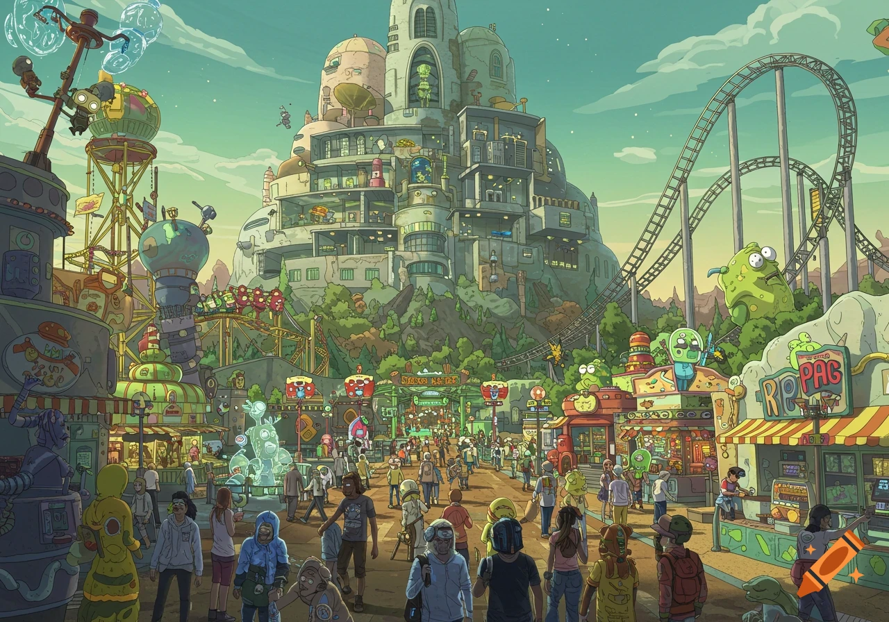 A busy, colorful theme park scene in the style of the Rick and Morty ...