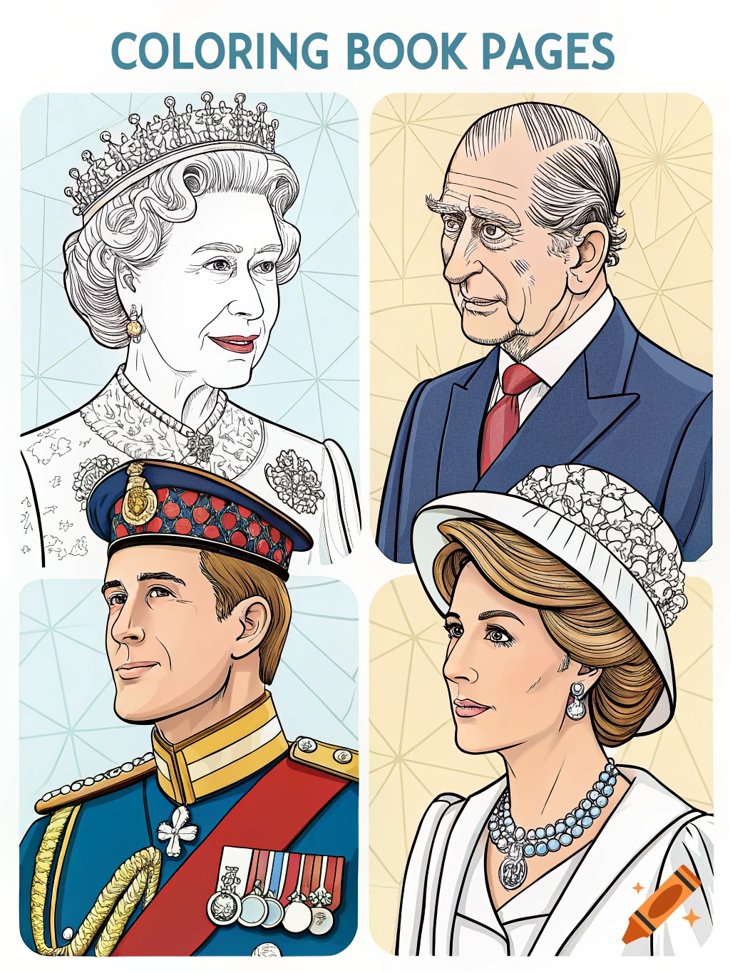 Coloring book page illustration featuring portraits of Queen Elizabeth II, Prince Philip, Prince ...