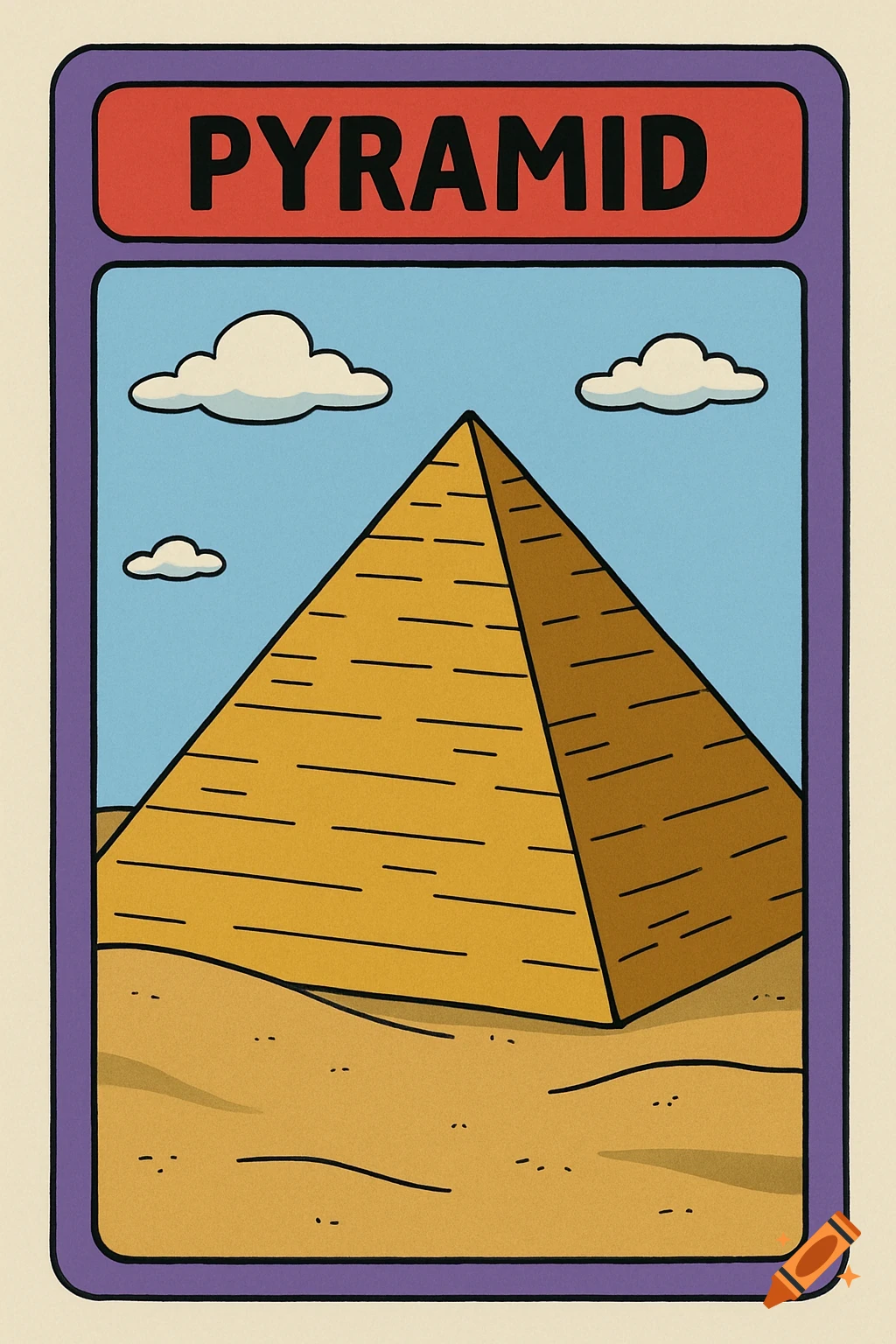 Cartoon card with a pyramid and 'PYRAMID' text on Craiyon