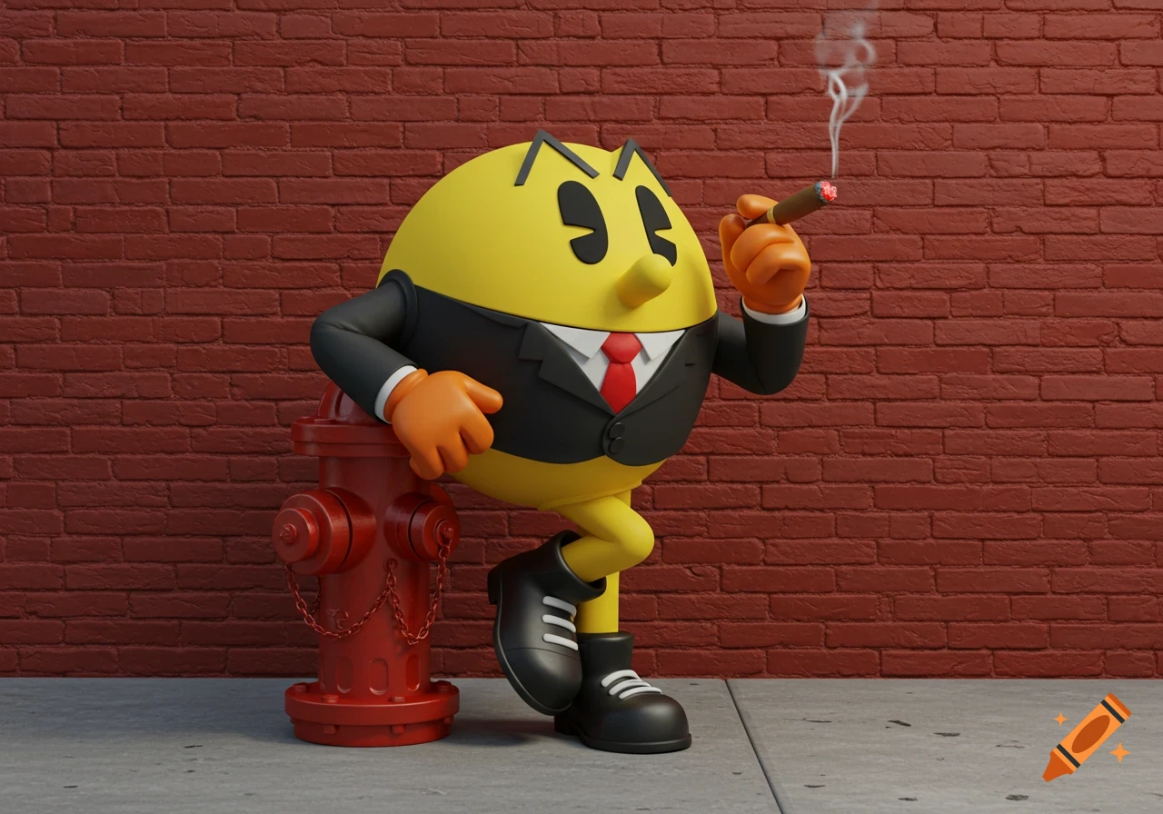 Pac-Man in a suit leaning on a fire hydrant and smoking a cigar against ...