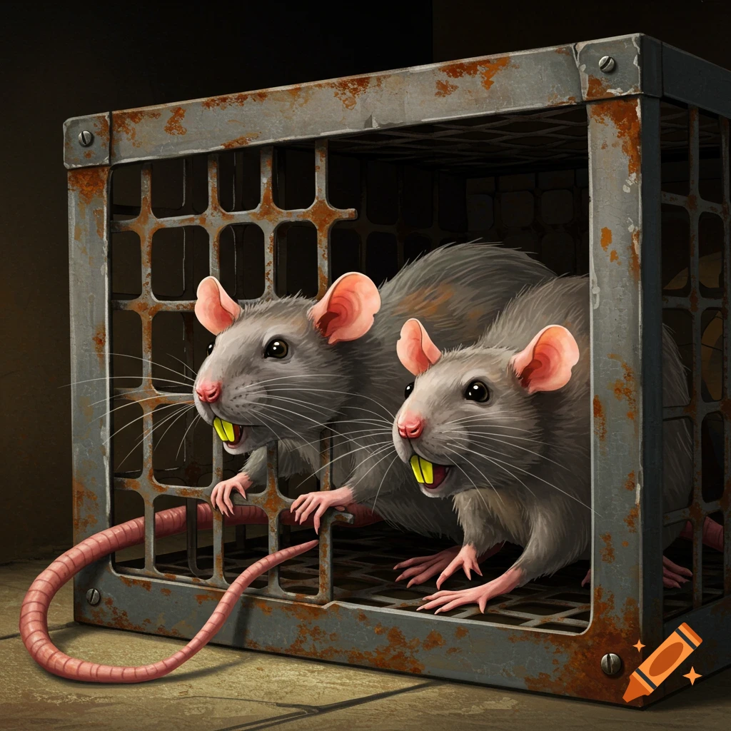 Illustration of two grey rats with yellow teeth clinging to the bars of ...