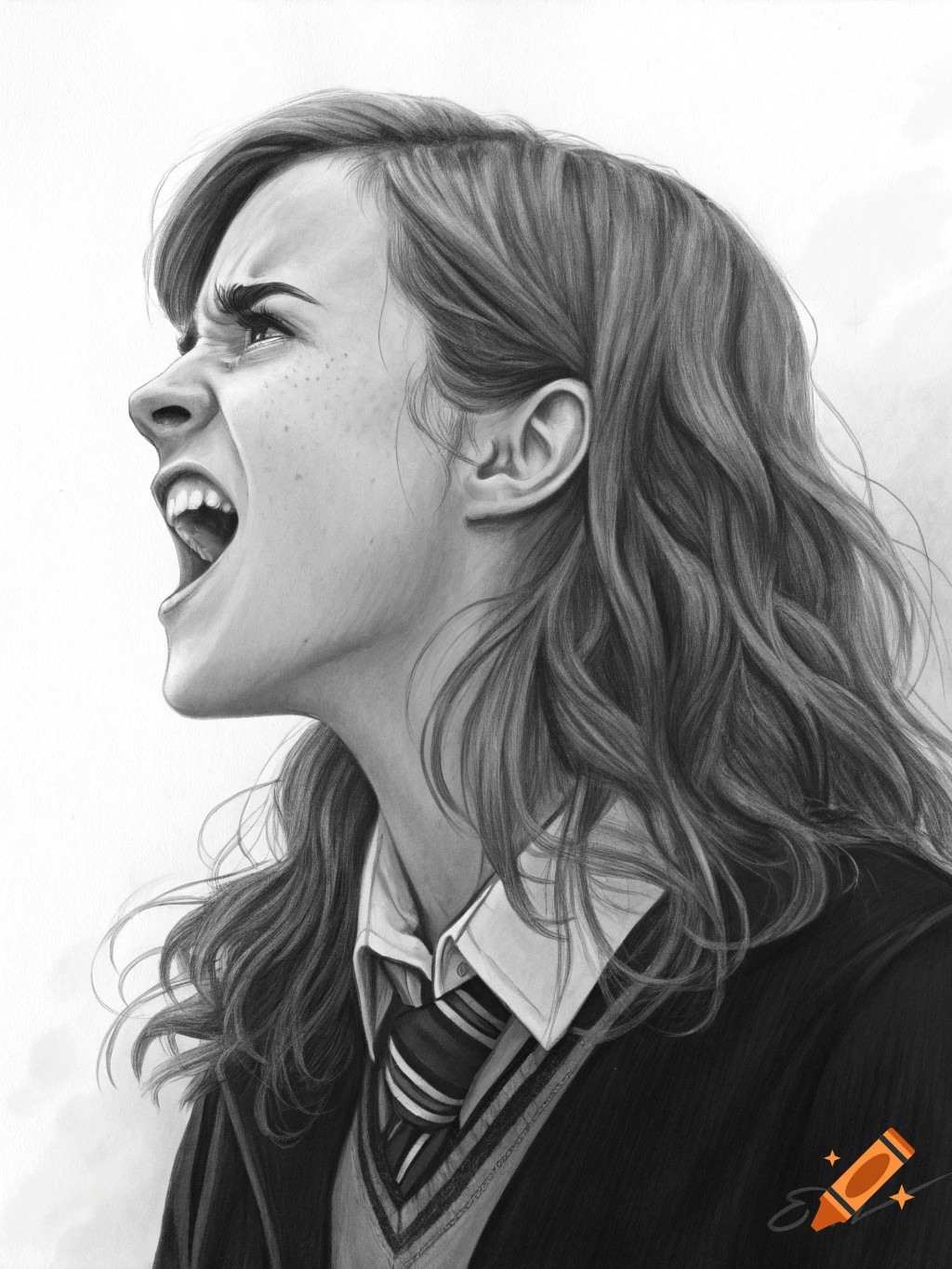 Black and white sketch portrait of Hermione Granger screaming on Craiyon