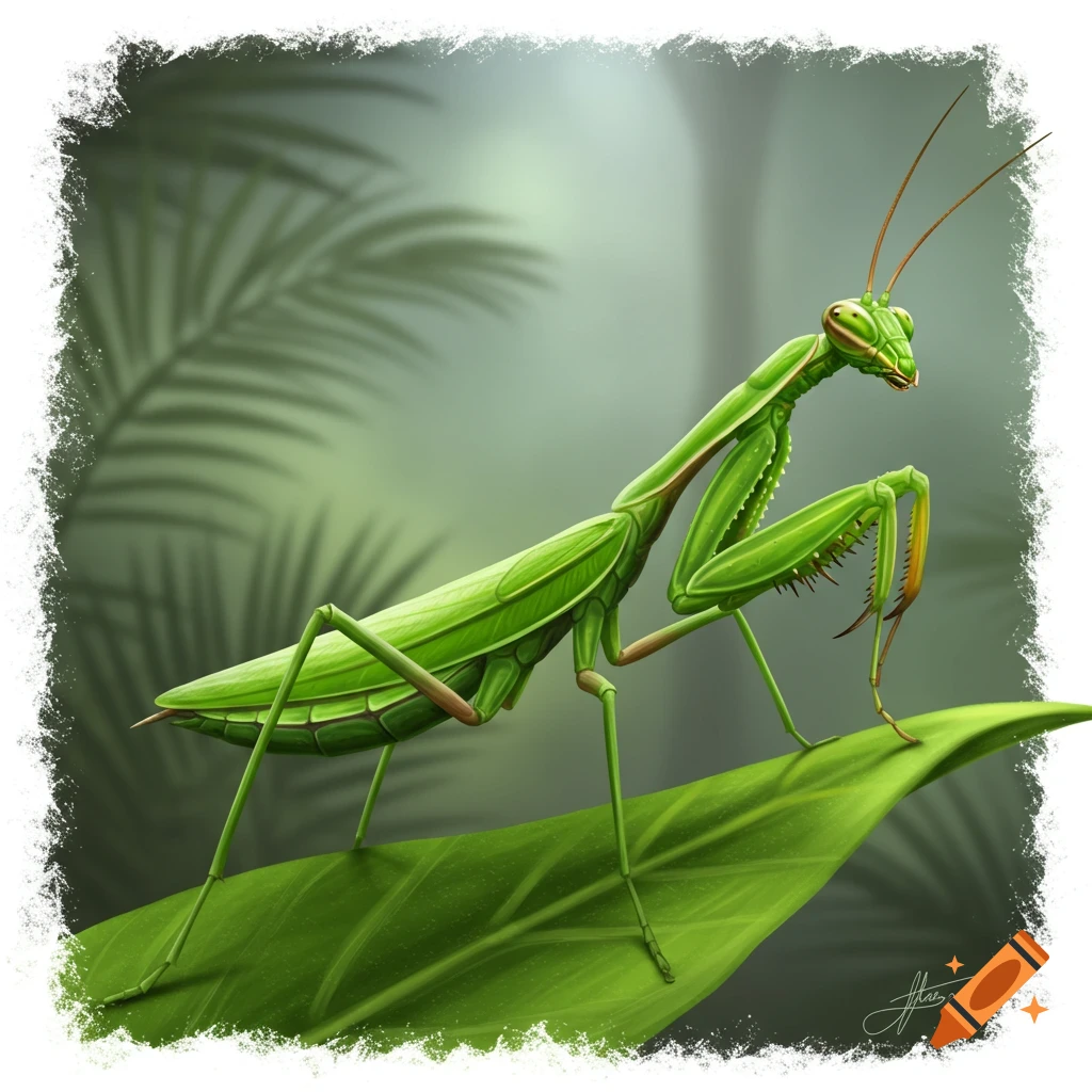 A green praying mantis stands on a large green leaf in a tropical ...