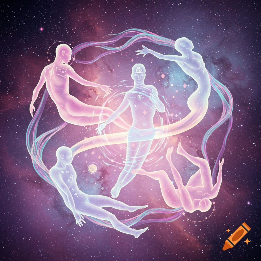 Four translucent figures float in a colorful nebula, connected by light ...