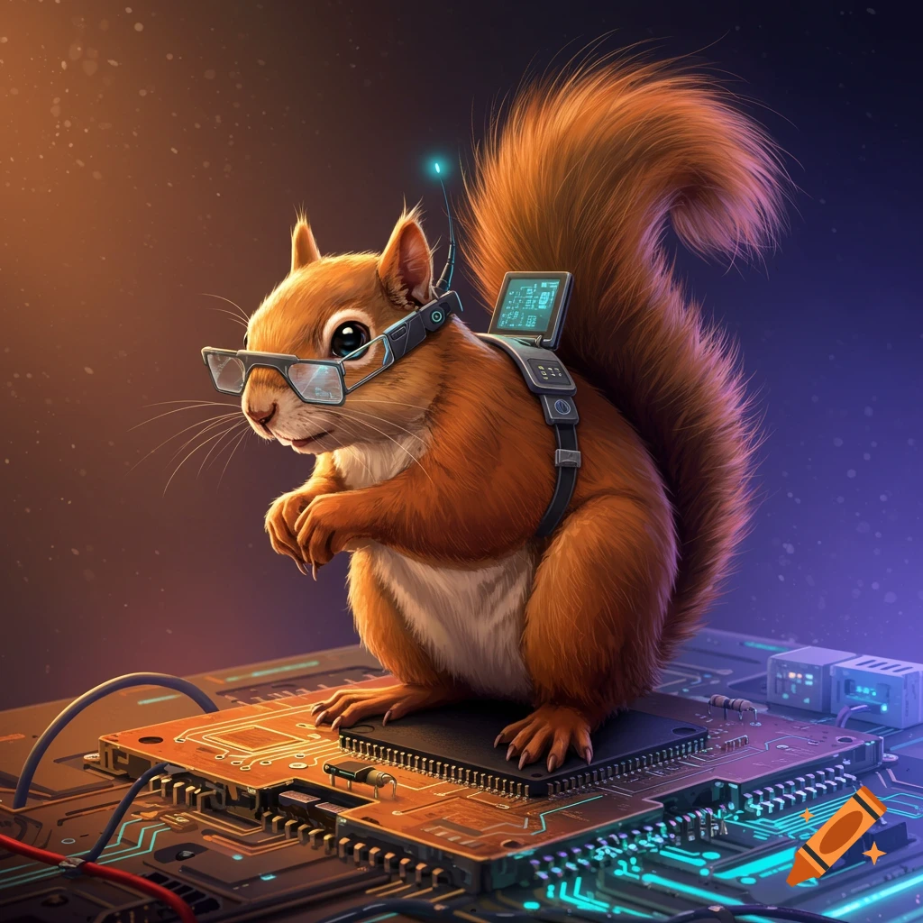 An illustration of a squirrel wearing tech goggles and a backpack with ...