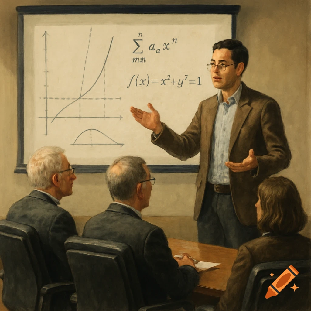 Professor explains math on a whiteboard to other professors in a meeting room, painted style. on ...
