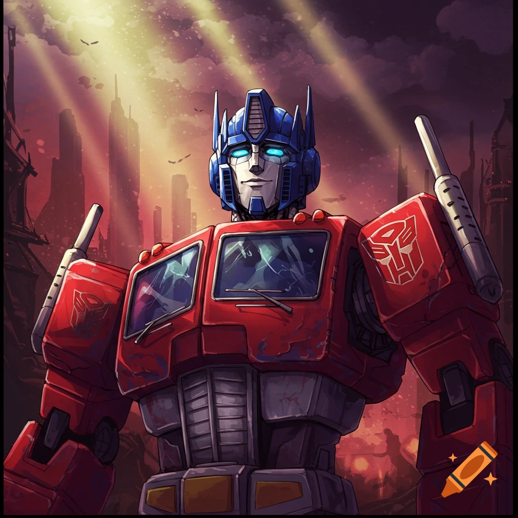 Illustration of Optimus Prime, a red and blue robot, standing in front ...